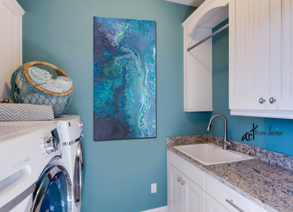 Vertical Wall Art Teal Gray Turquoise Blue Abstract Painting | Etsy