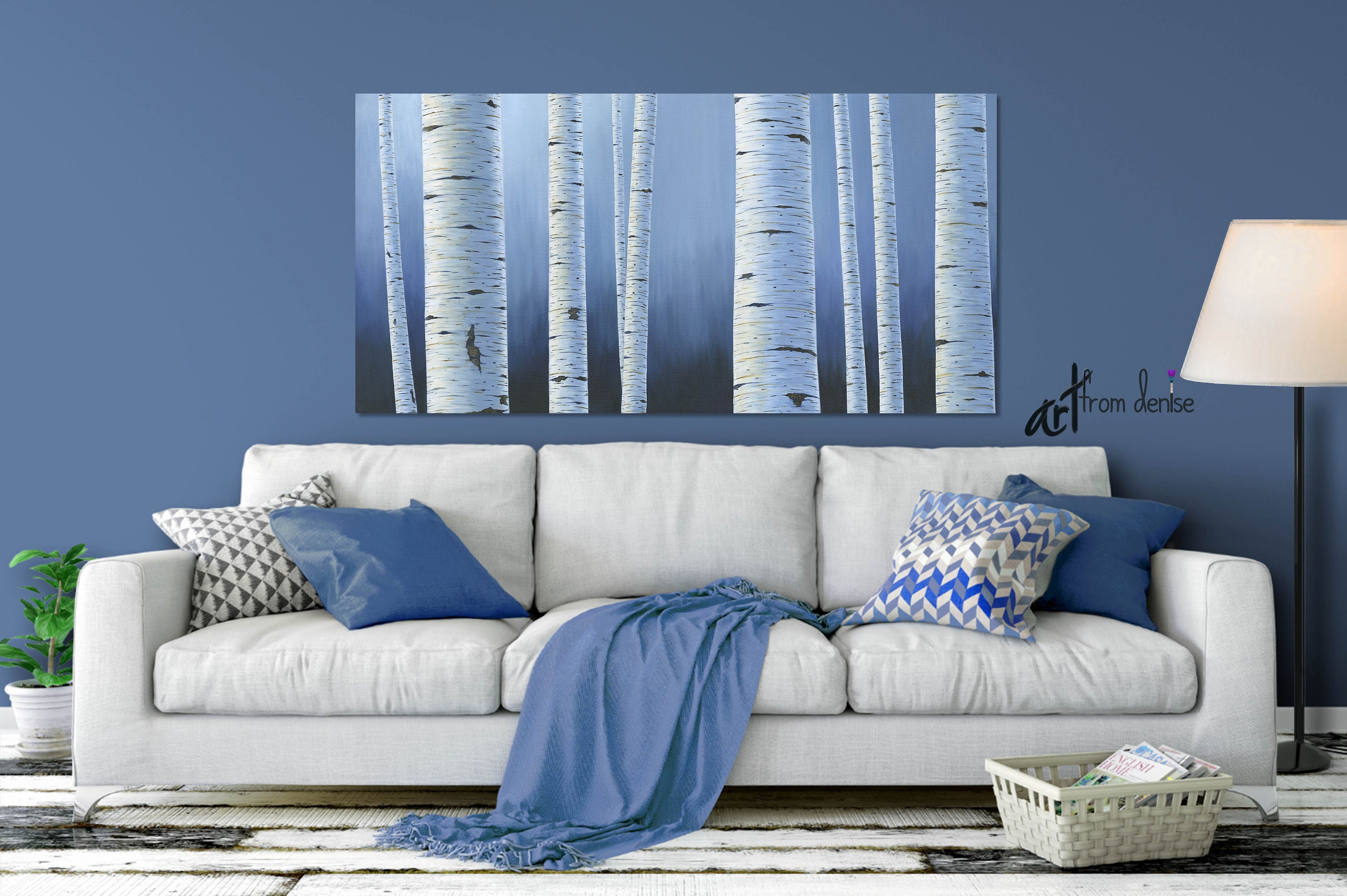 Navy horizontal canvas wall art Large aspen birch tree | Etsy