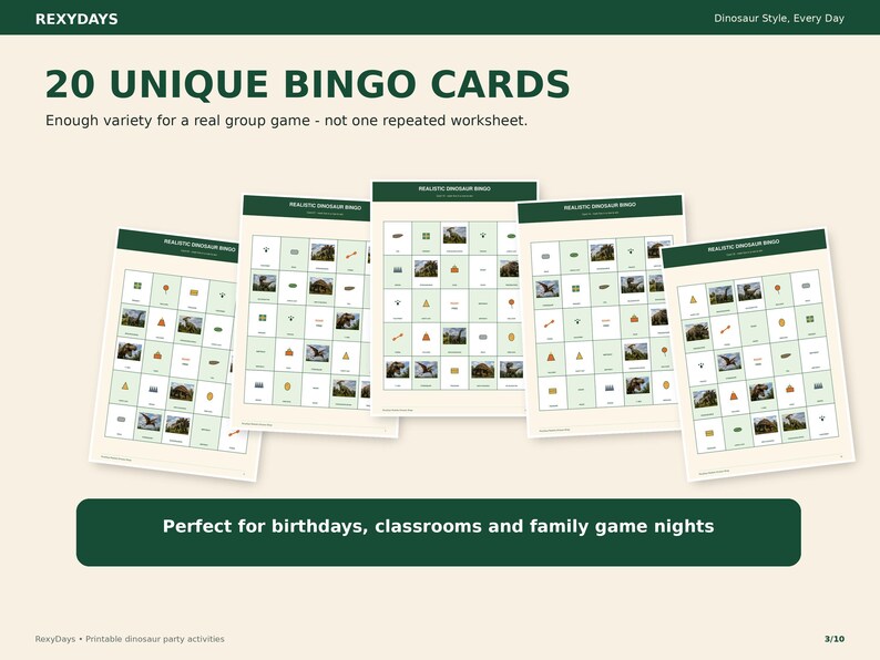 Realistic Dinosaur Bingo Game | Kids Party Activity Printable (PDF ...