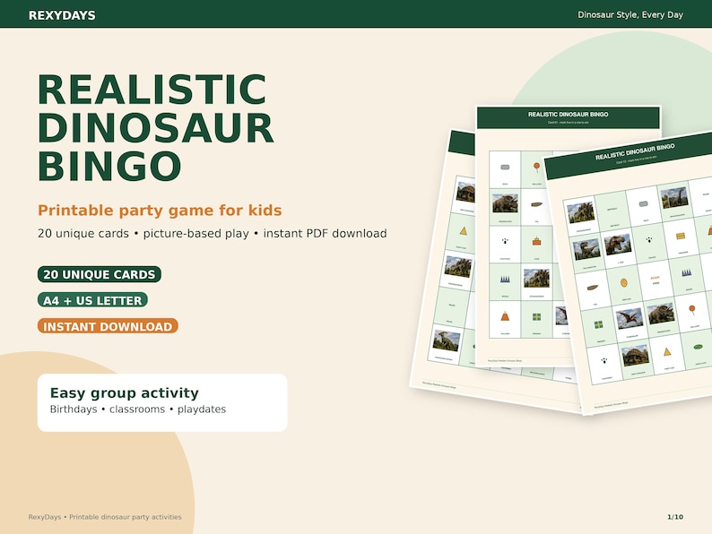 Realistic Dinosaur Bingo Game | Kids Party Activity Printable (PDF ...