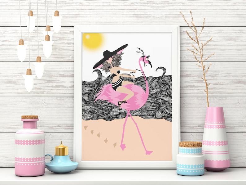 Flamingo Riding - ART PRINT - Etsy