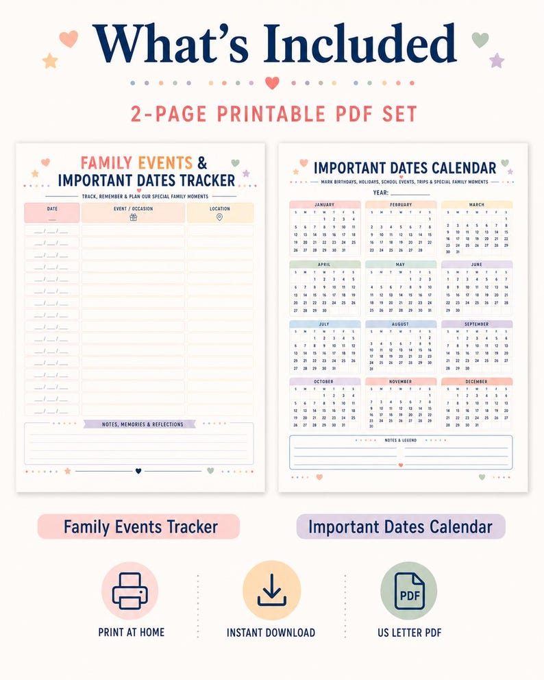 Family Events Tracker Printable, Important Dates Calendar, Family ...