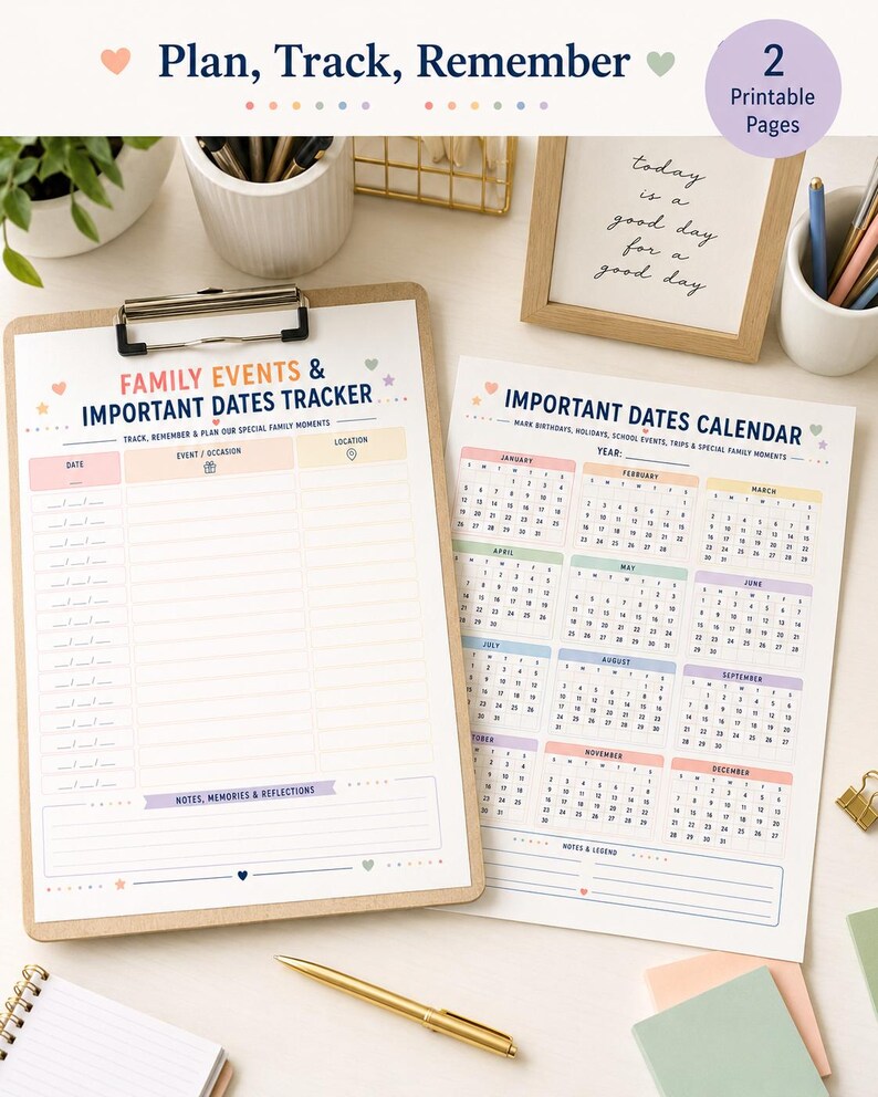 Family Events Tracker Printable, Important Dates Calendar, Family ...
