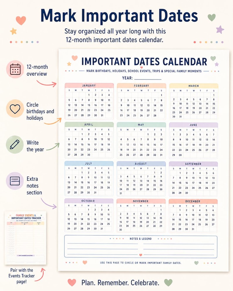 Family Events Tracker Printable, Important Dates Calendar, Family ...
