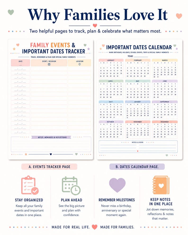 Family Events Tracker Printable, Important Dates Calendar, Family ...