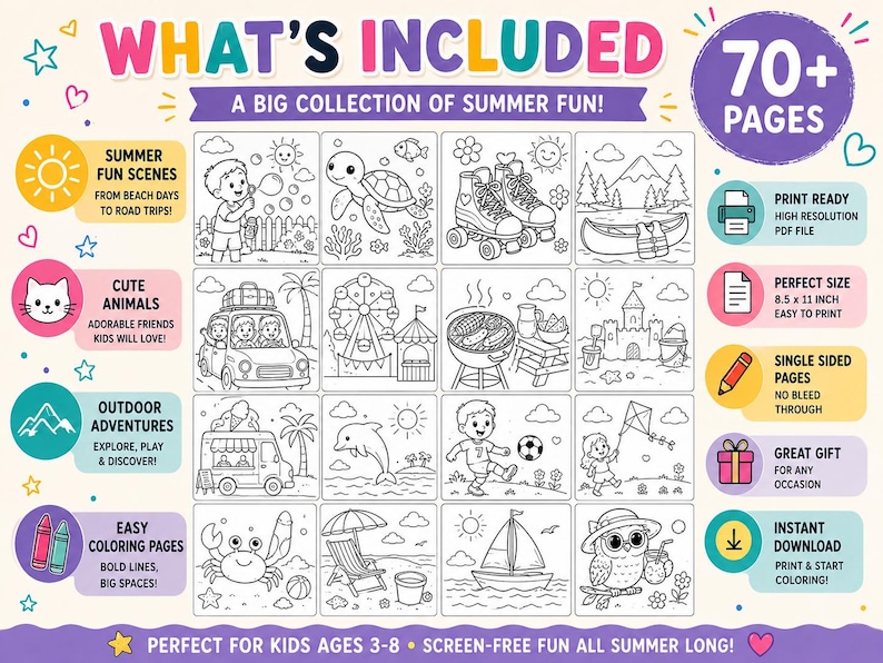 Kids Summer Coloring Book, 70+ Easy Pages, Ages 3-8 (digital Download ...