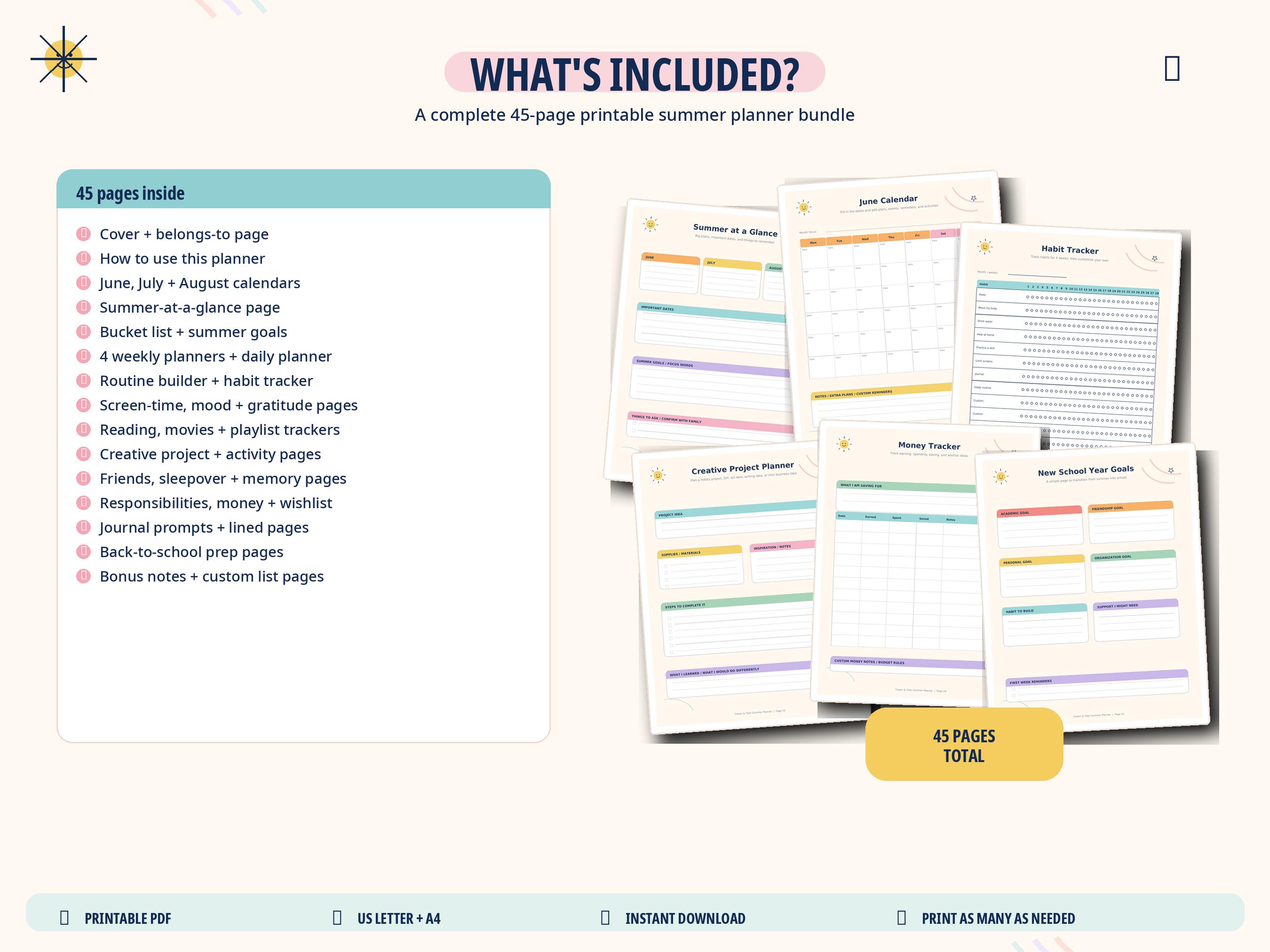 Girls Summer Activity Journal Printable | Tween Calendar, Goals, Habit ...