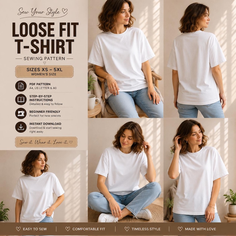 Women Loose Fit T-shirt Sewing Pattern PDF, Oversized Tee Pattern ...