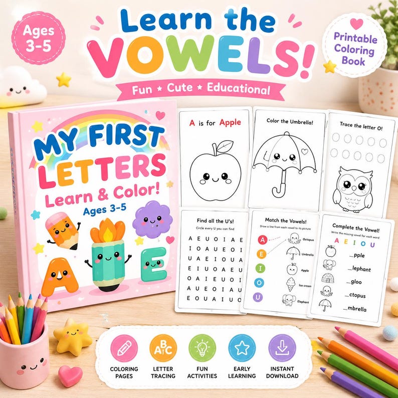 Kids Vowel Coloring Book Printable for Ages 3-5 | Learn ABC Letters ...