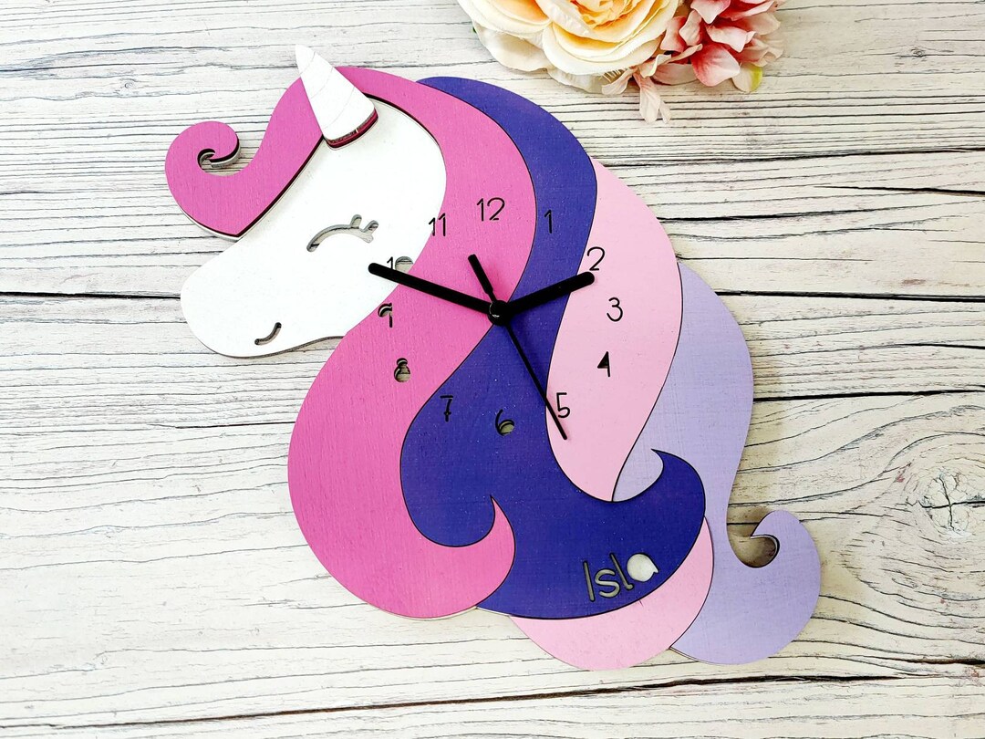 Pink and Purple Bright Unicorn Clock • Children's Clock • Nursery ...