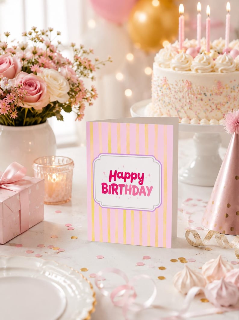 Pink Happy Birthday Card, 5x7 Folded Greeting (digital Download) - Etsy