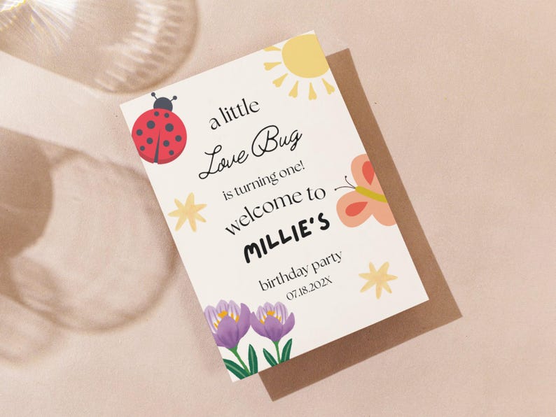 Little Love Bug Kids Birthday Party Sign Canva Easy to Download and ...
