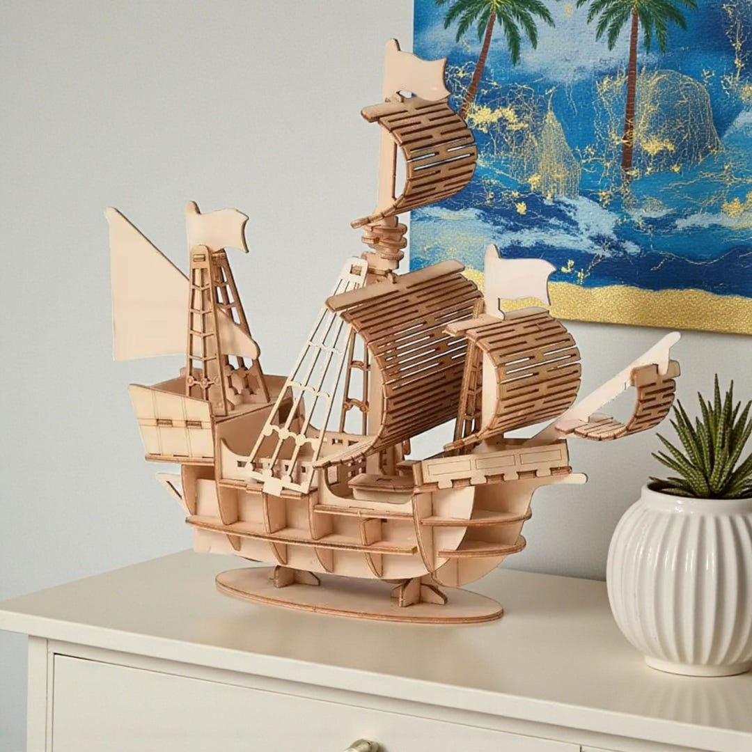 DIY Wooden Sailing Ship Puzzle 3D Wood Model Kit Pirate Boat Assembly ...