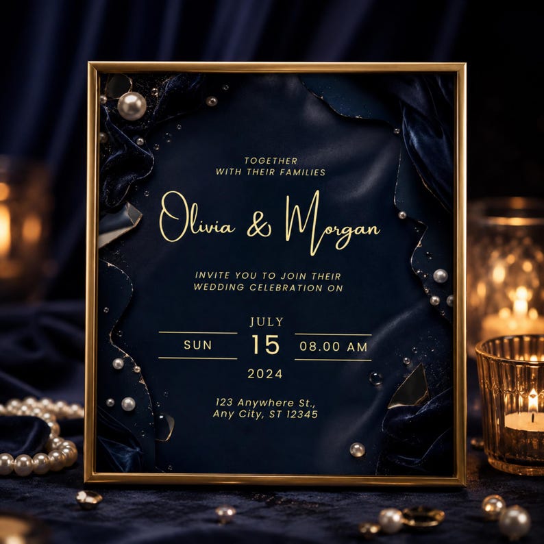 Navy Gold Wedding Invitation Template, Elegant Satin Pearl Invite ...