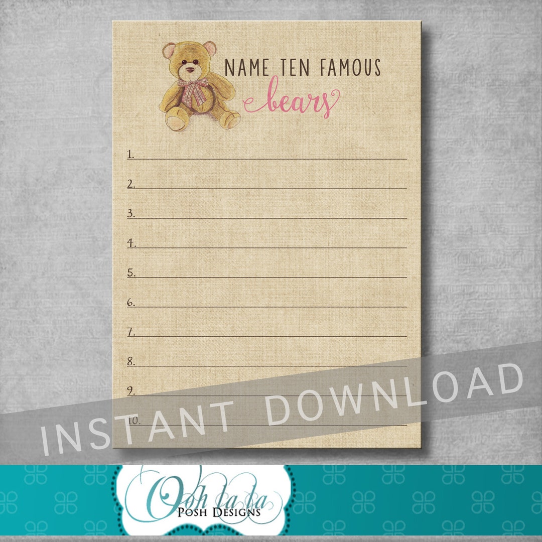 Famous Bear Name Game - 5x7 Inches - Baby Shower Game - Teddy Bear ...
