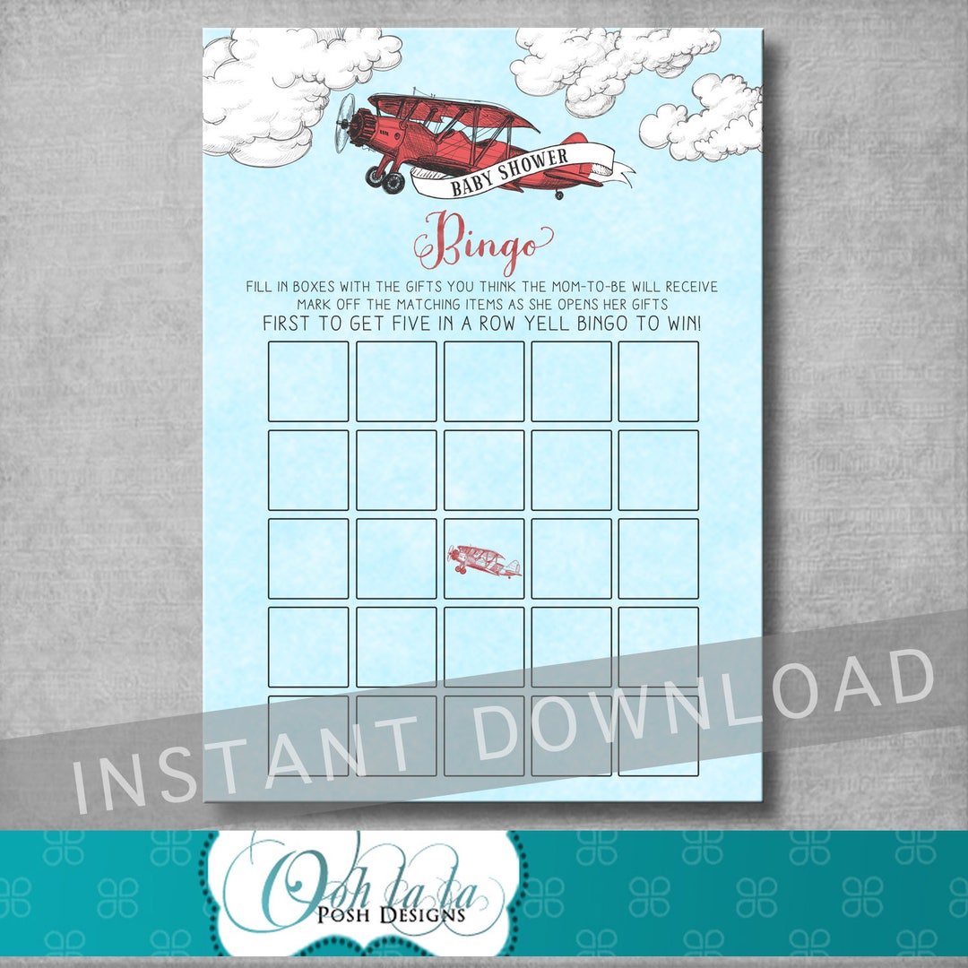 Bingo Card Game Vintage Airplane Baby Shower Red Plane Airplane Baby ...