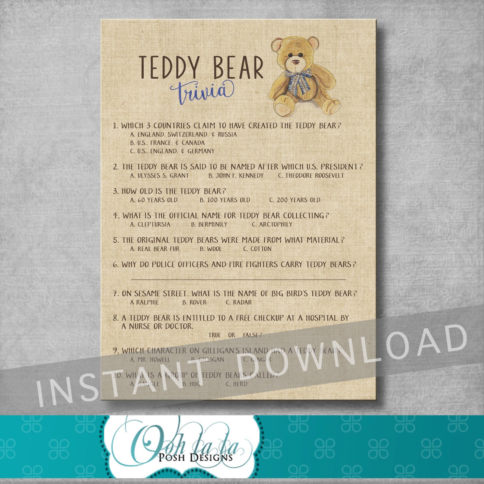 Teddy Bear Trivia Game - Baby Shower Game - Vintage Inspired - Baby Boy ...