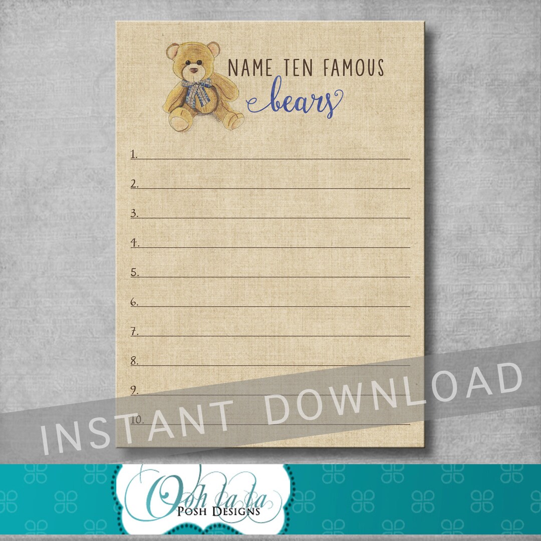 Famous Bear Name Game - Baby Shower Game - Teddy Bear Party - Baby Boy ...