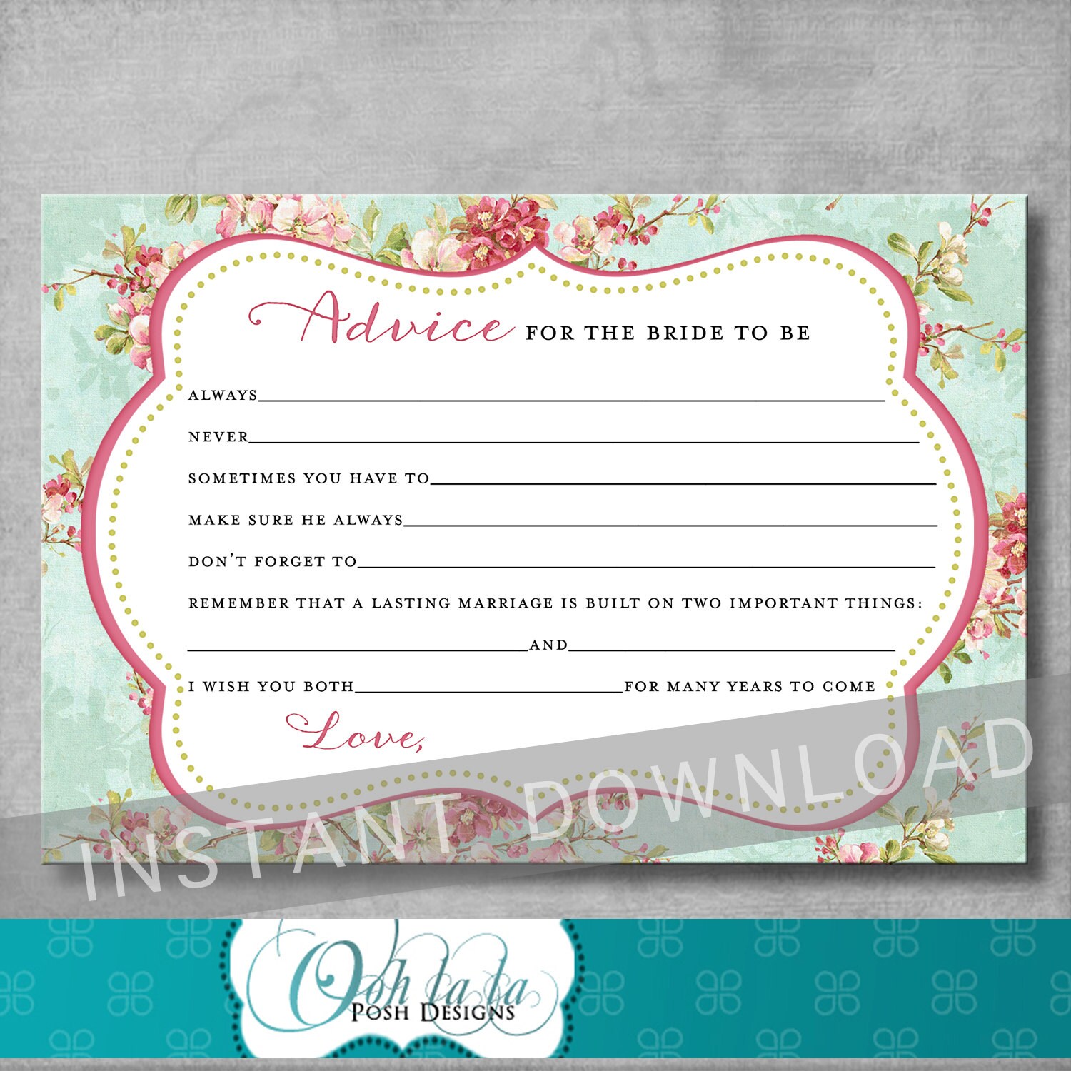 Shabby Chic Bridal Shower Advice Cards - Well Wishes Card - High Tea ...