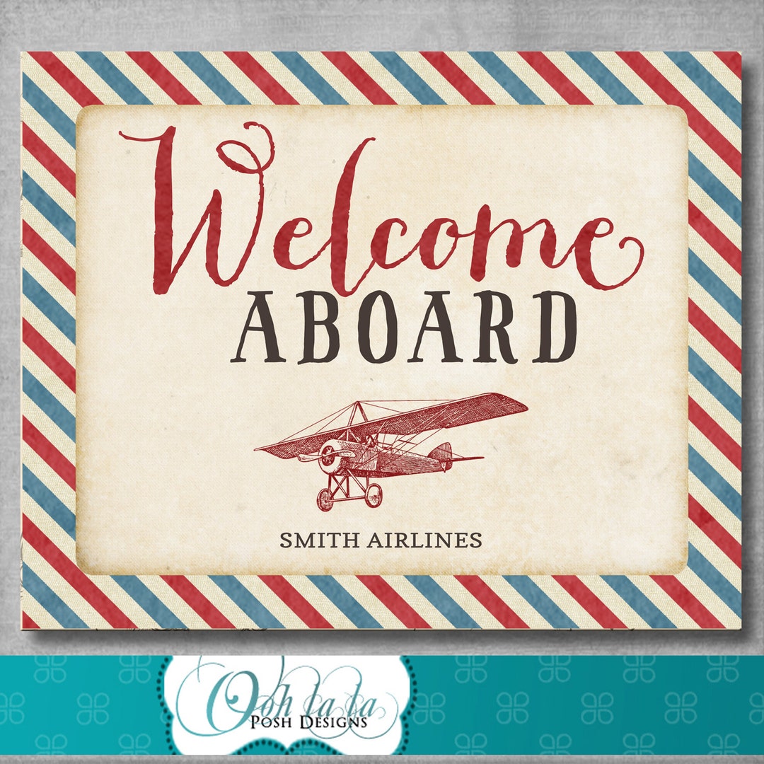 Personalized Welcome Aboard Sign - Vintage Airplane Party - Birthday ...