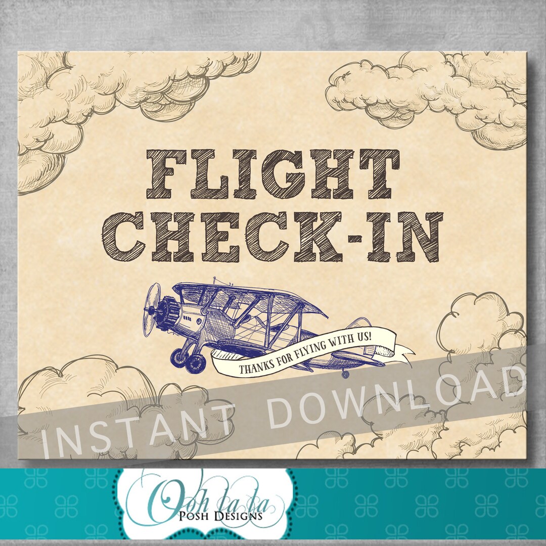Flight Check-in Sign - 8x10 Inches - Vintage Airplane Birthday Party ...