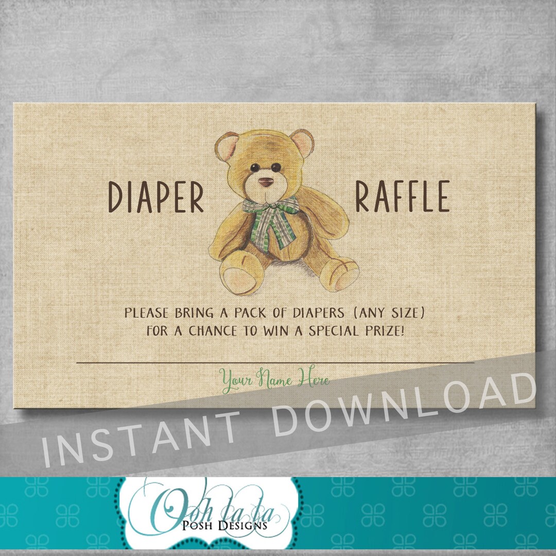 Vintage Teddy Bear Baby Shower - Diaper Raffle Ticket Insert - Green ...