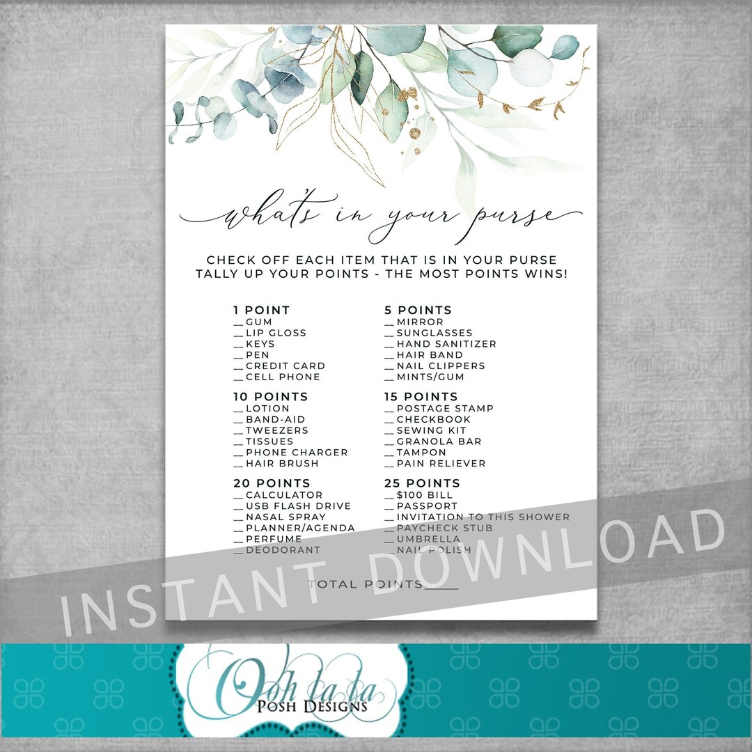 What's in Your Purse Game Bridal Shower - Eucalyptus Tea Party ...