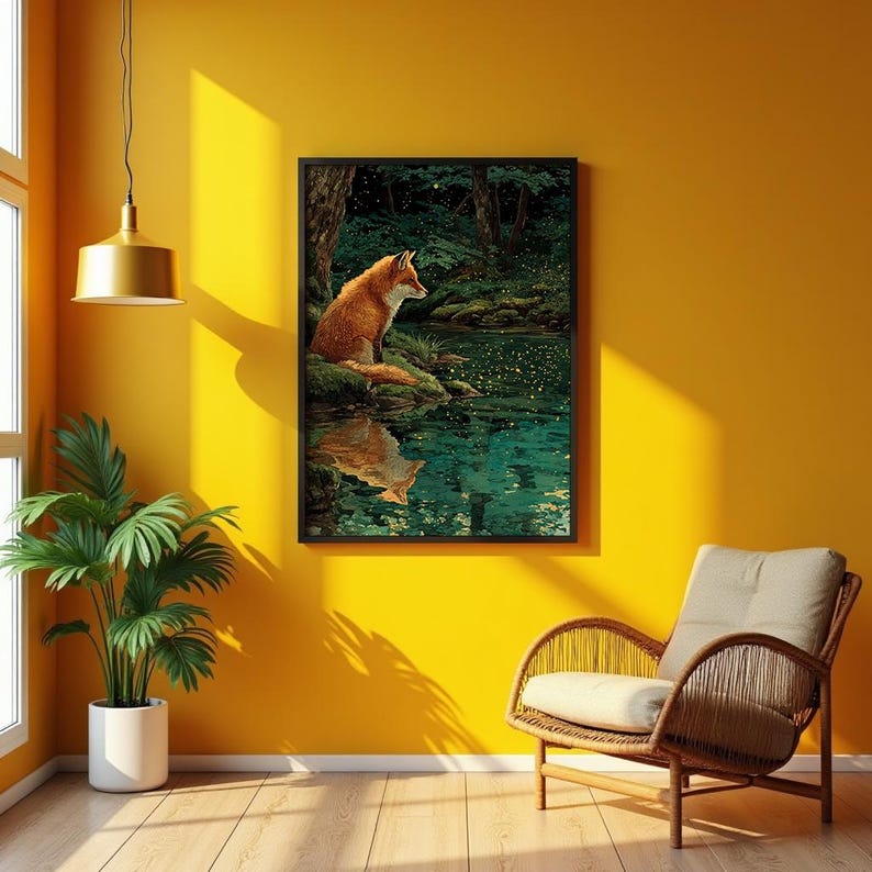 Mystical Fox River Art, Whimsical Woodland Night Print, Fireflies ...
