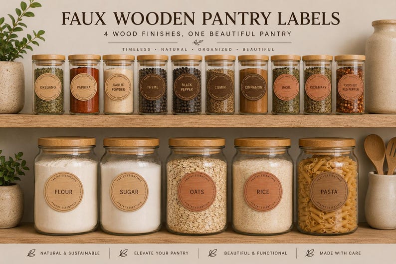 Wooden Style Round Pantry Labels | Herb Spice Jar Organization (instant ...