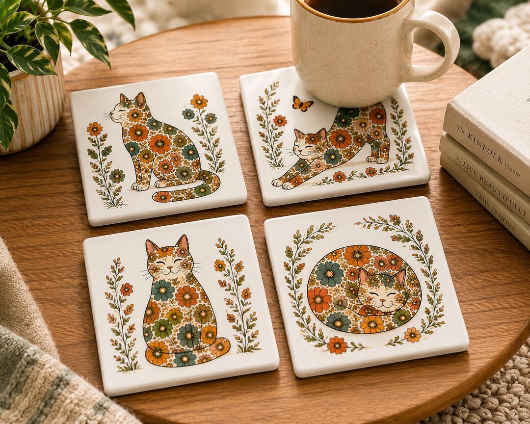 Retro Floral Cat Coaster Set - Etsy