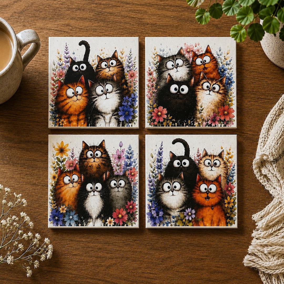 Cat Coasters Funny Ceramic Coaster Set - Etsy