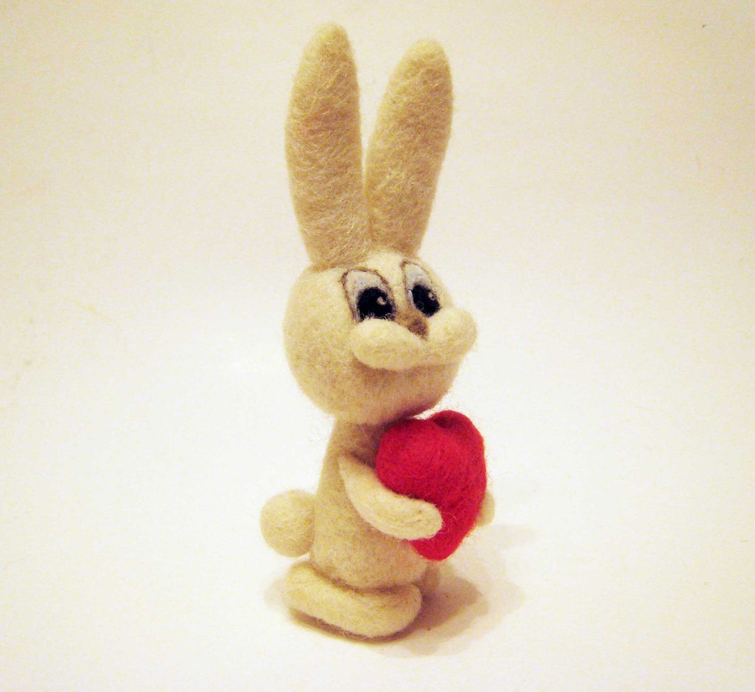Needle Felted Rabbit With Huge Heart - Valentine's Day Gift - Miniature ...