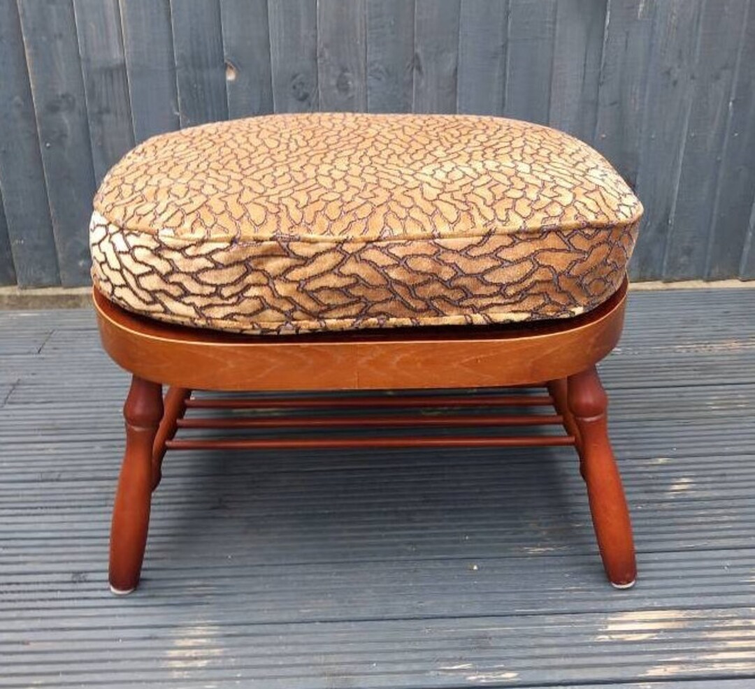 Vintage Wooden Footstool With Magazine Rack and Gold and Black Abstract ...