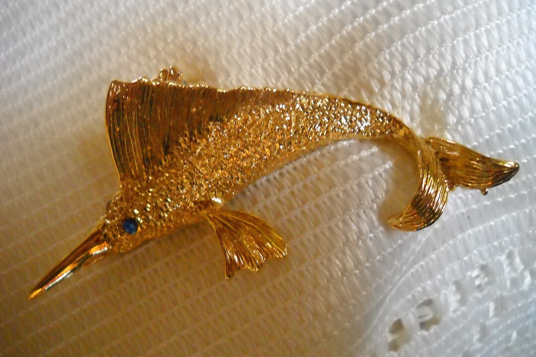 Vintage Swordfish Brooch, Large Gold Fish Brooch, Statement Brooch ...