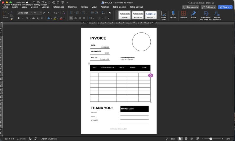 Word Editable Black and White Invoice Template | Editable Word Template ...