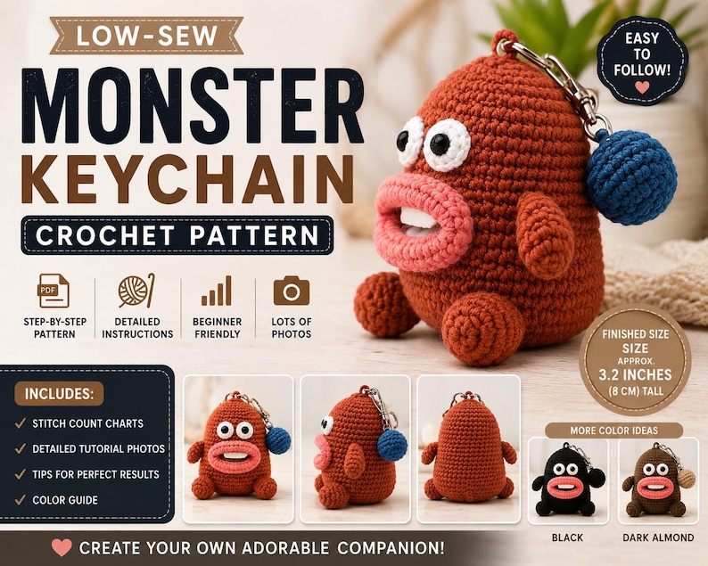 No Sew Crochet Monster Pattern PDF, Amigurumi Keychain Pattern, Small ...