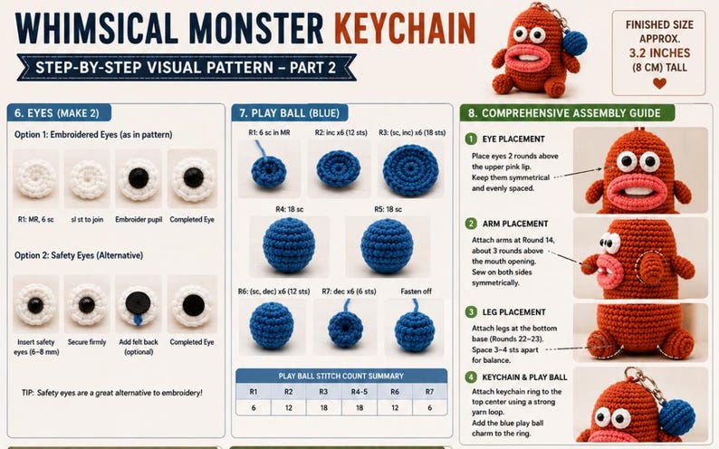 No Sew Crochet Monster Pattern PDF, Amigurumi Keychain Pattern, Small ...