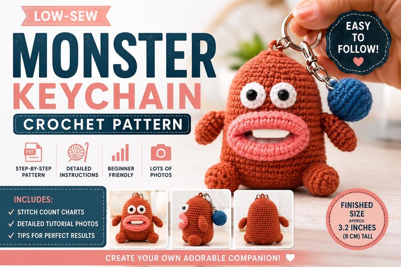 No Sew Crochet Monster Pattern PDF, Amigurumi Keychain Pattern, Small ...