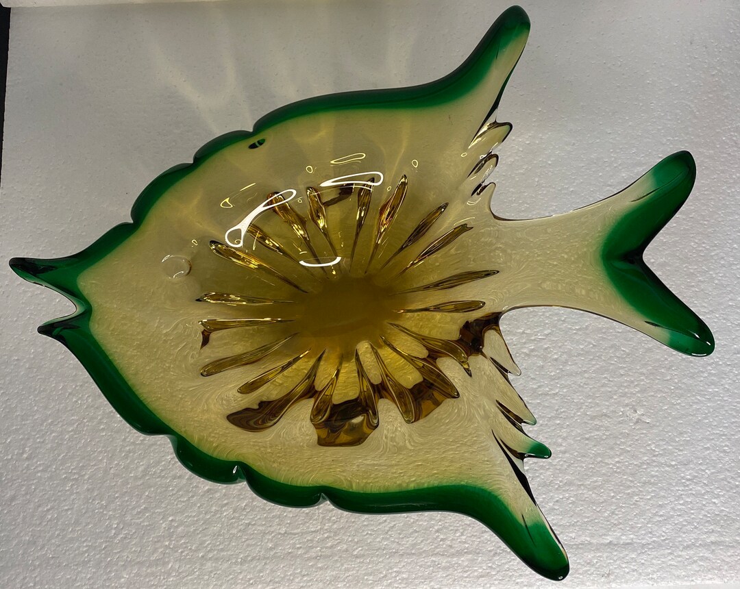 Vintage Murano Glass Green and Yellow Fish - Etsy