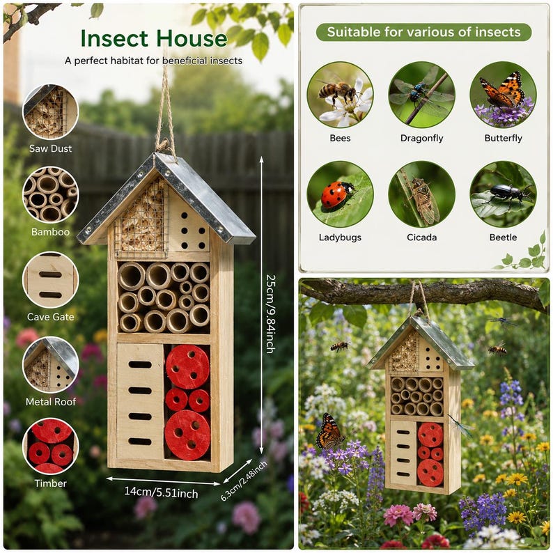 Sunny Pollinator Hotel, Bee House With Waterproof Metal Roof ...