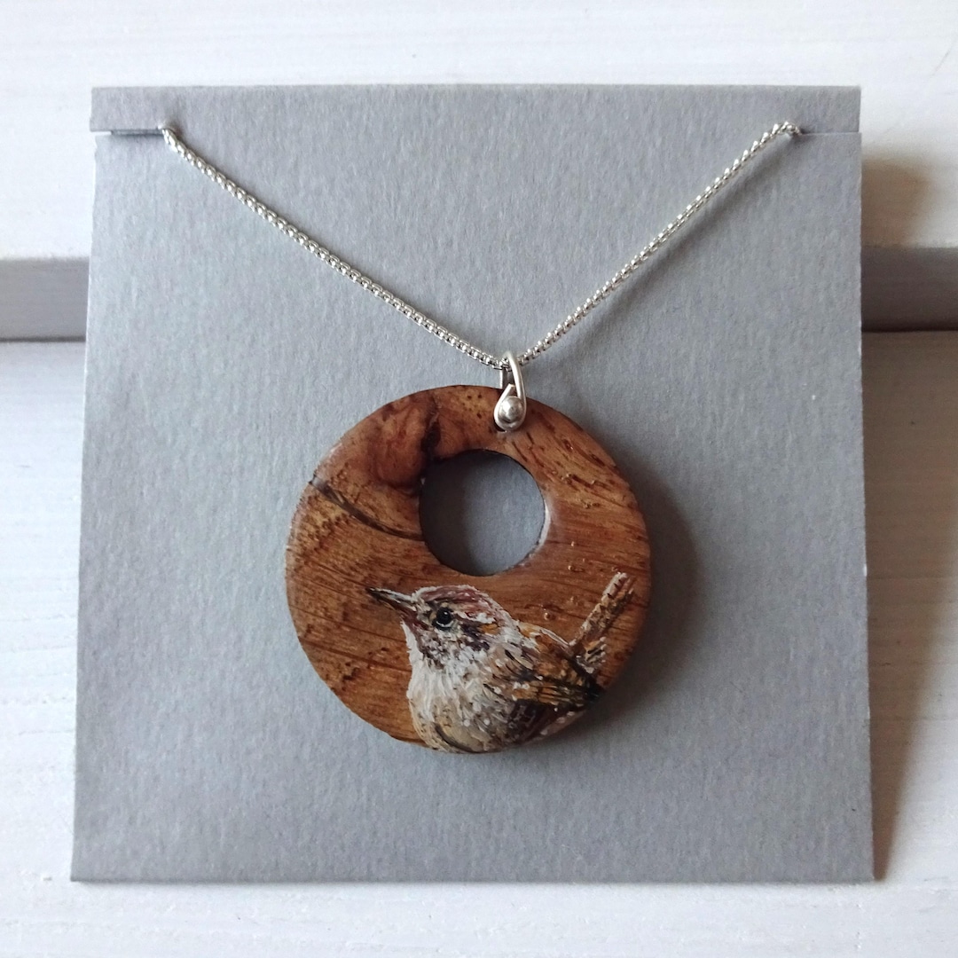 Hand Painted Wren Pendant: Solid Oak, Bird Art, Sterling Silver Chain ...