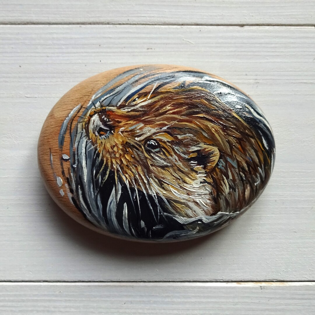 Swimming Otter Mini Art Pebble - Palm Size Wood Pebble Featuring a Hand ...