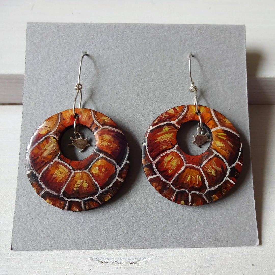 Hand Painted Turtle Shell Earrings With Solid Silver Turtles Solid Oak ...