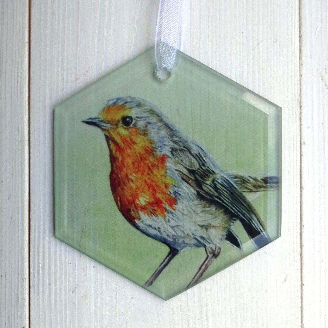 Robin Glass Suncatcher - 9cm X 8cm Glass Hexagon - Window Decoration ...