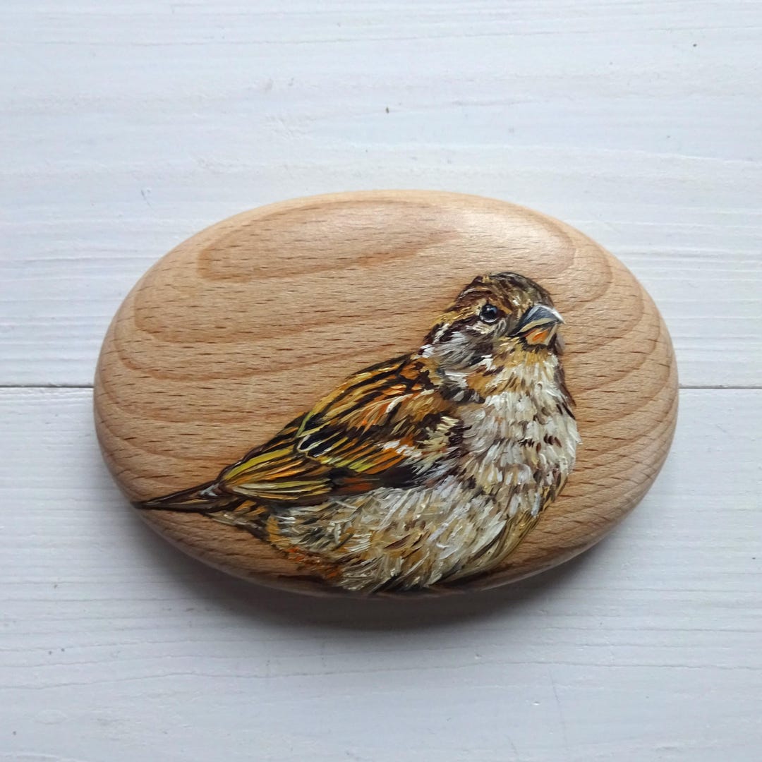 Hand-painted Sparrow Art Pebble: Miniature Bird Painting on Beech Wood ...