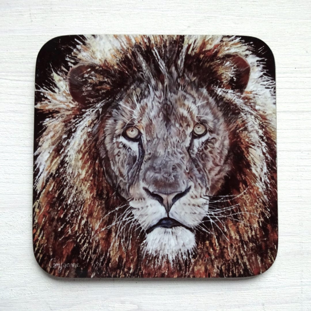 Lion Art Wooden Coaster: High Gloss Big Cat Gift - Etsy