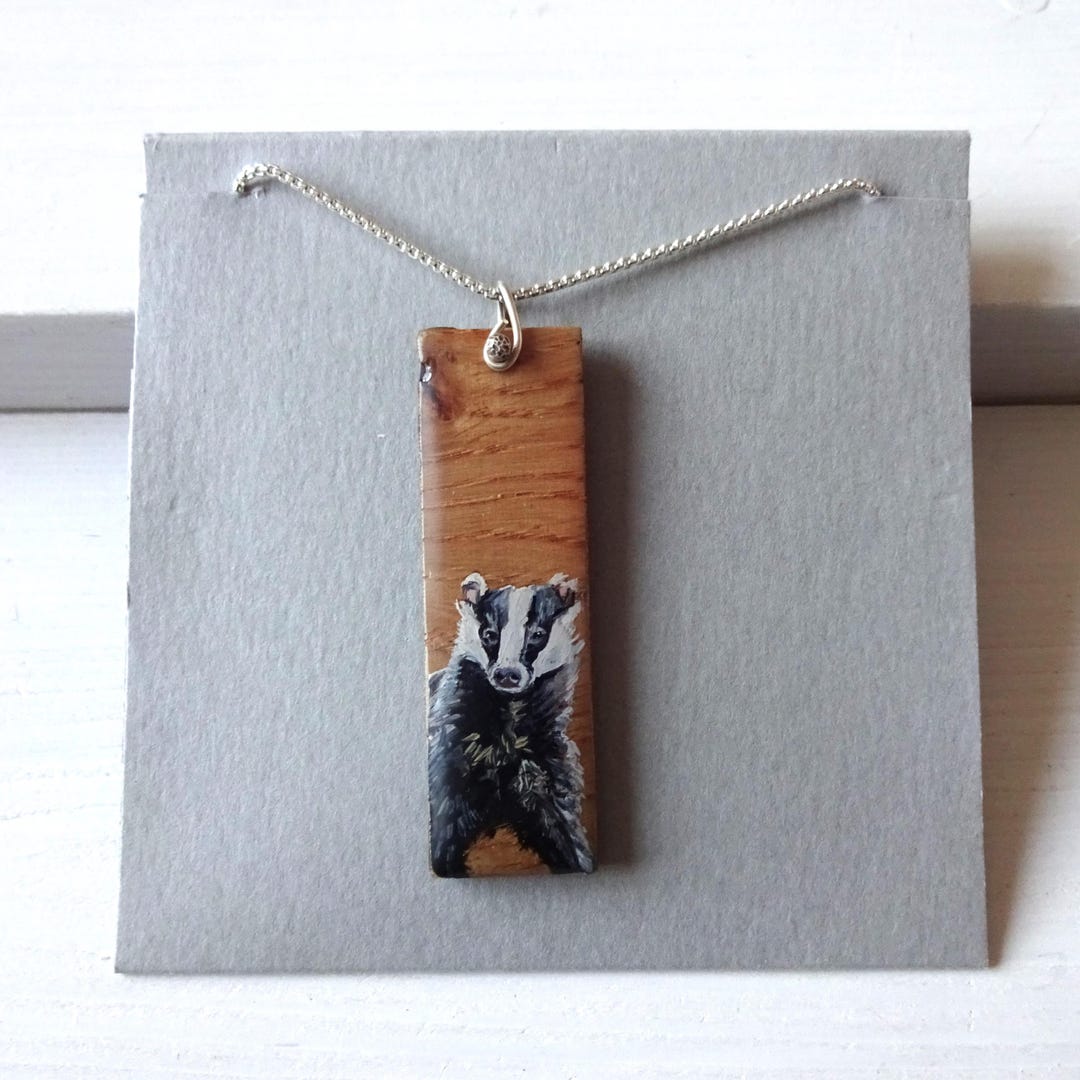 Hand Painted Badger Pendant - Oak Rectangle Pendant - Miniature Badger ...