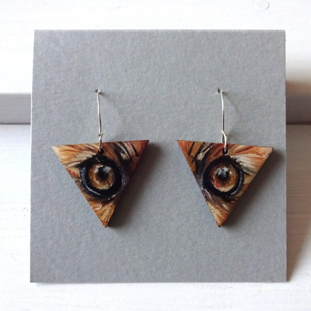 Hand-painted Fox Eye Earrings: Triangle Lasered Oak With Sterling ...