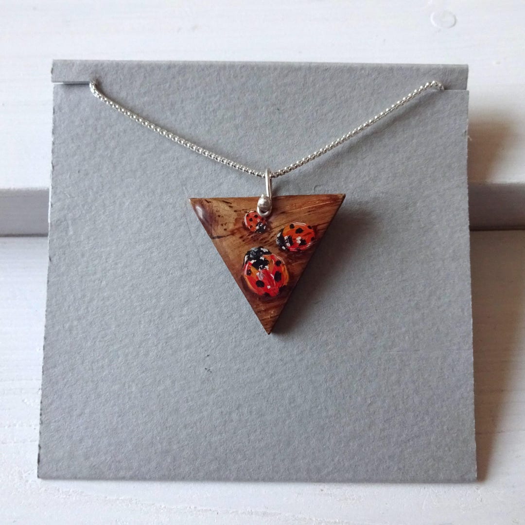 Hand Painted Ladybird Pendant triangle Oak Pendant Miniature Insect Art ...