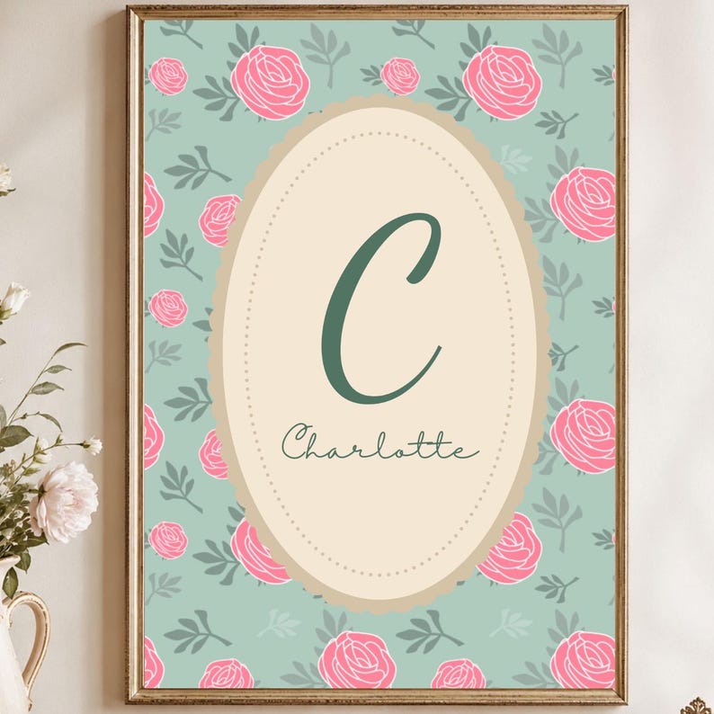 Cottagecore Rose Alphabet Print, Girls Nursery Name Art (editable Canva ...